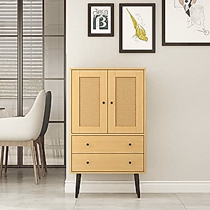Hcman Sideboard Buffet Cabinet with Storage, Rattan Cabinet with Wooden Legs & 2 Drawers for Entryway, Living Room, Kitchen, Dining Room