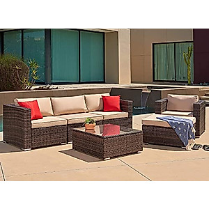 SUNCROWN 6-Piece Outdoor Furniture Patio Sectional Sofa - PE Rattan Wicker Conversation Set with Cushions and Coffee Table