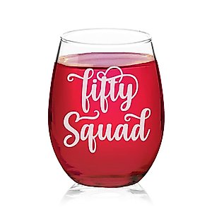 Veracco Fifty Squad Stemless Wine Glass 50th Birthday Gift For Him Her Fifty and Fabulous (Clear, Glass)