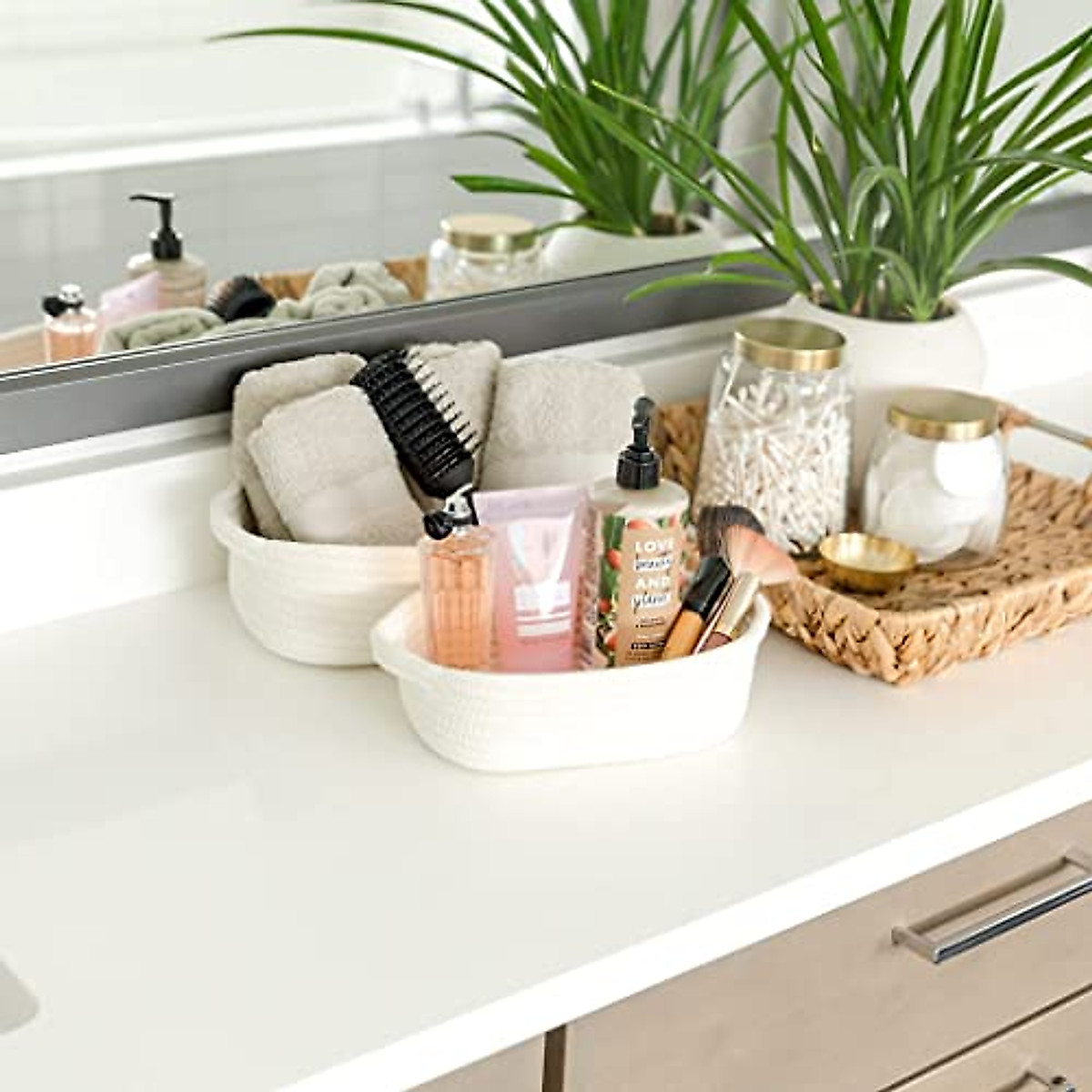 NaturalCozy 5-Piece Rectangle Storage Basket Set- Natural Cotton Rope Woven Baskets for Organizing! Small Basket for Montessori, Baby Nursery, Dog Toy Baskets, Cat Toy Box, Bathroom Organization Bin