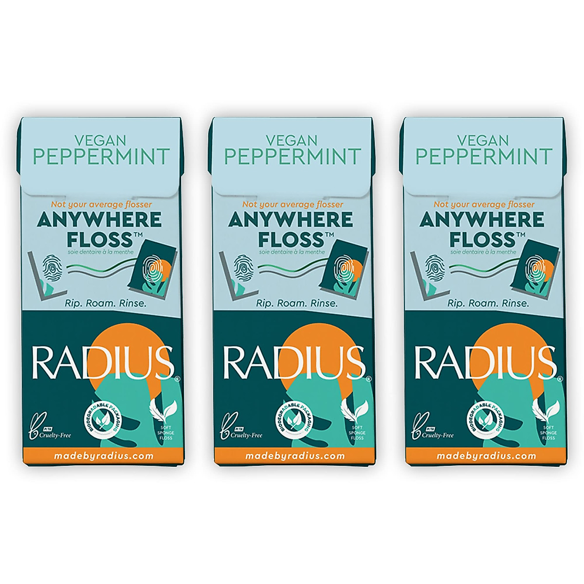 RADIUS Vegan Peppermint Anywhere Floss Travel Dental Floss for Oral Care Boost Non Toxic Tooth & Gum Protection (20 Single Use Flossers per Pack) - Pack of 3