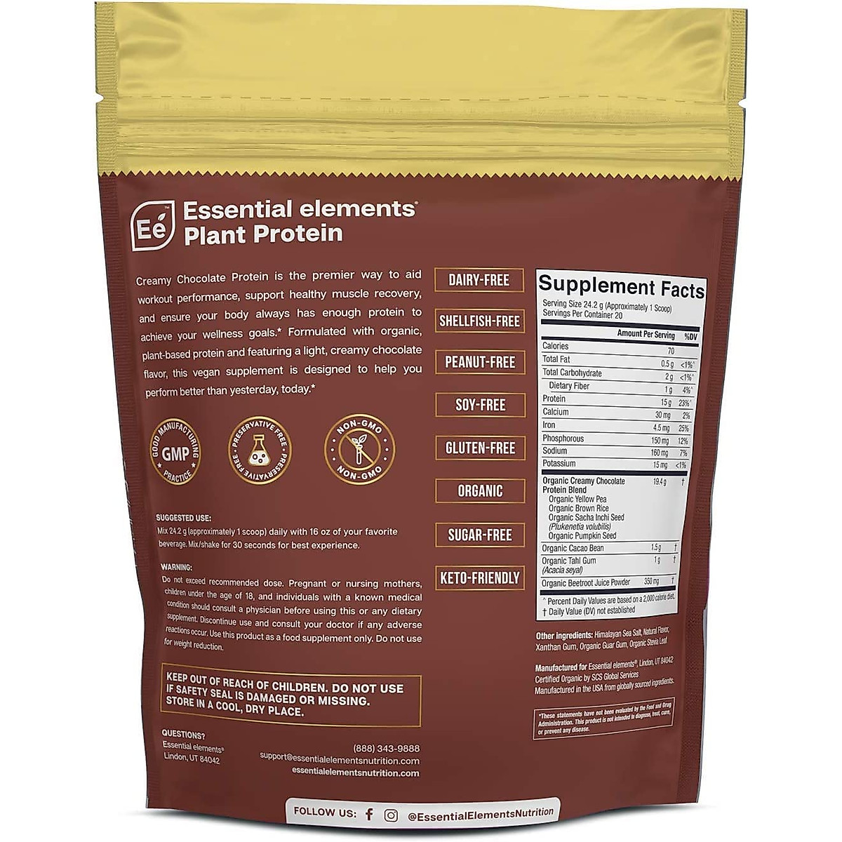 Essential Elements Organic Pea Protein Powder - Creamy Chocolate | Low-carb Plant-Based Vegan Blend - Keto-Friendly and Gluten-Free | 20 Servings, 17 oz