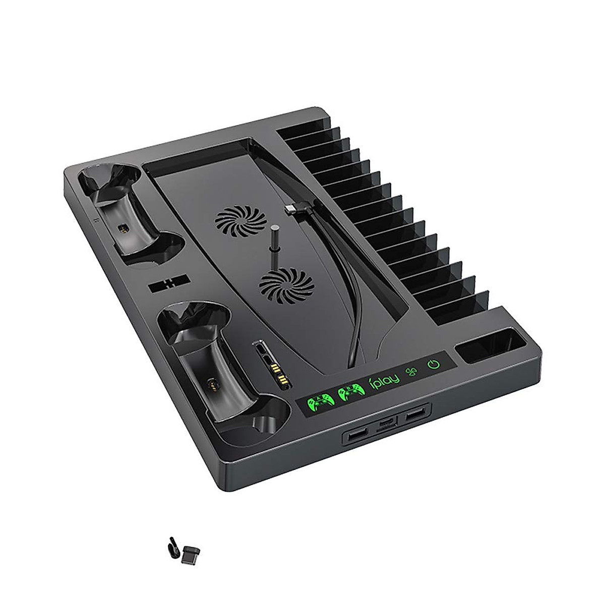 Vertical Stand for Playstation 5 with 2 Cooling Fan, 2 Charging Station for PS5 Digital/CD-ROM Edition Console with 15 Game Storage, 1 Pulse 3D Headset Holder, 1 Media Remote Storage (Black)