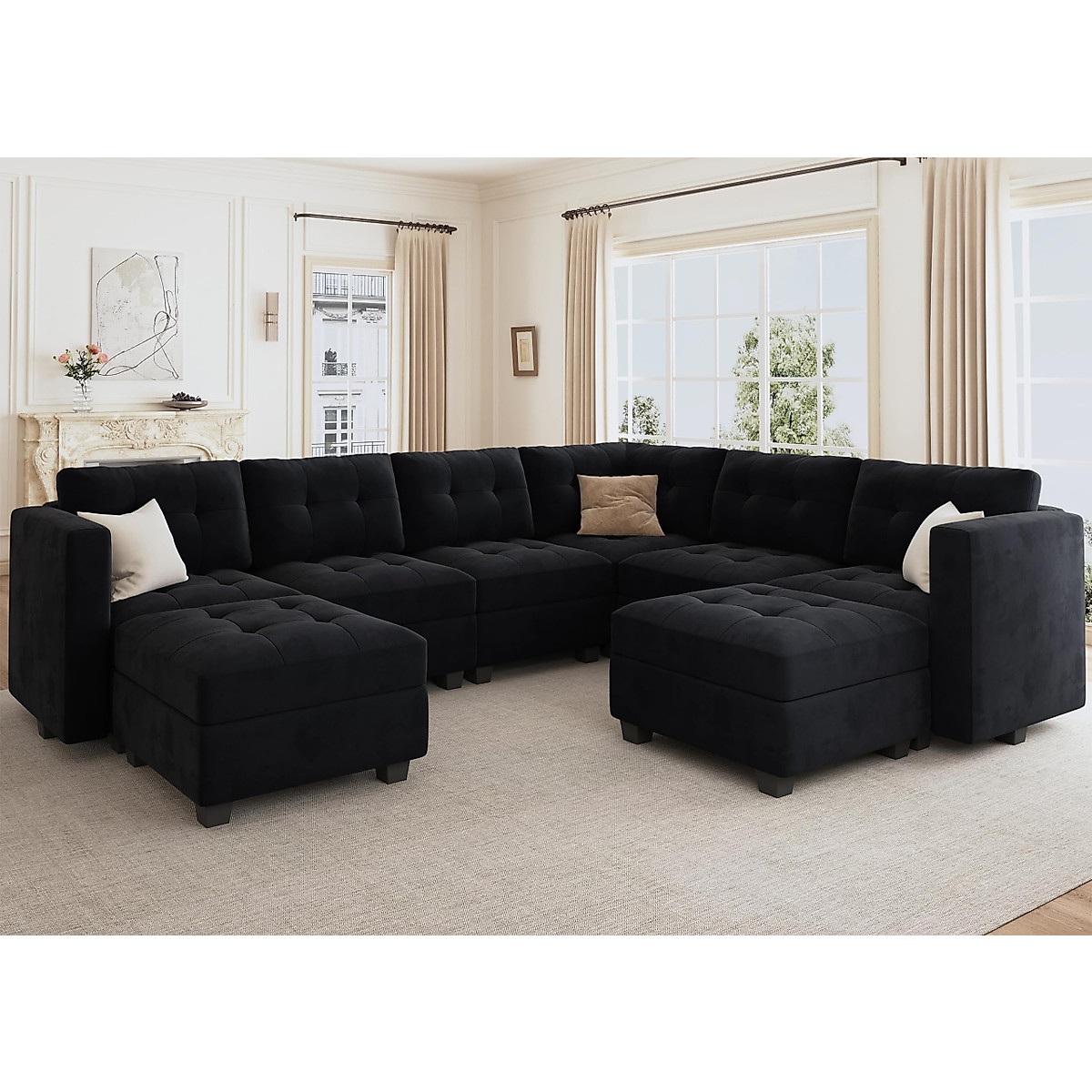 HONBAY Modular Sectional Sofa with Storage Ottomans Oversized U Shaped Couch with Chaises 8-Seater Sectional Sofa for Living Room, Black