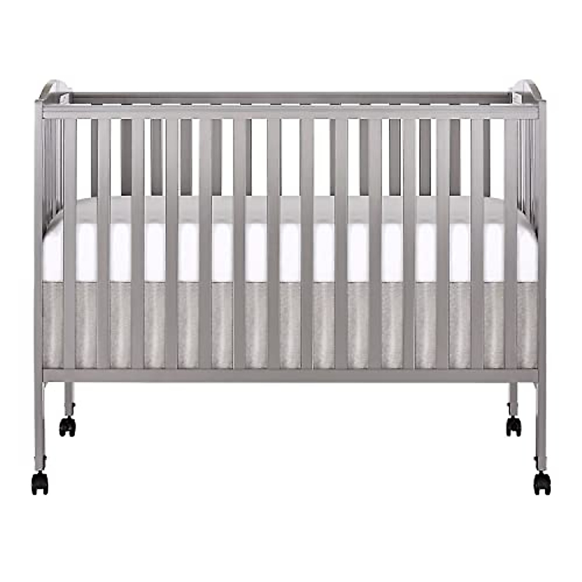 Dream On Me Full Size 2-in-1 Folding Stationary Side Crib in Steel Grey, Locking Wheels, Folds Flat for Storage, Comes with Teething Guard, Non-Toxic Finish