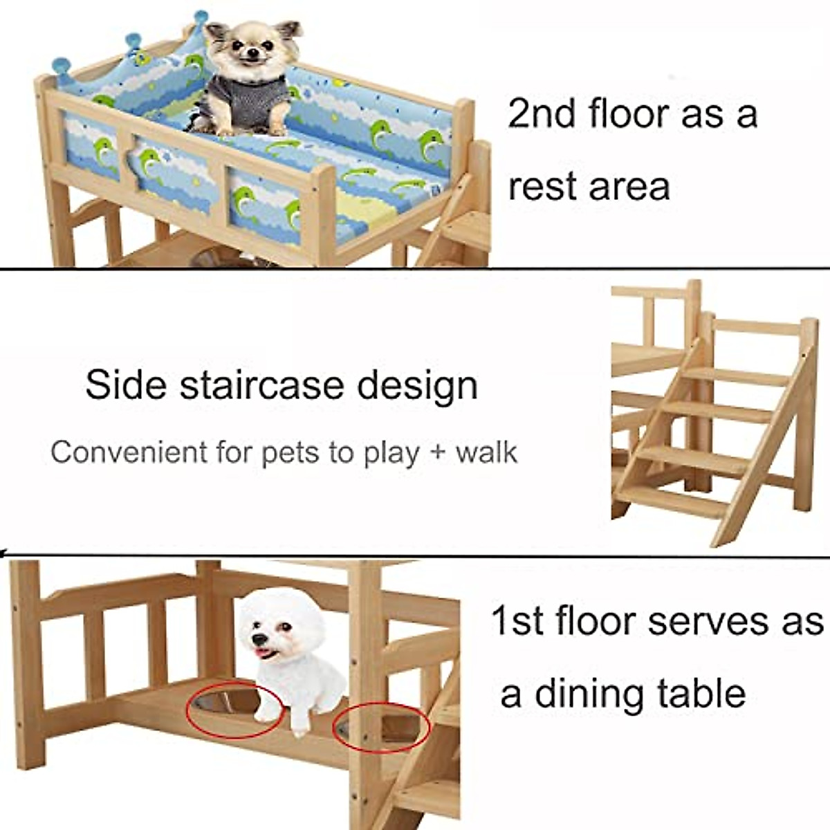 Pet Bed Cool Wooden Dog Bed, Blue 2-Layer Pet Bed, with Stairs + Guardrail + Dining Table, Dog Furniture(Size: M（60x45x65cm）)