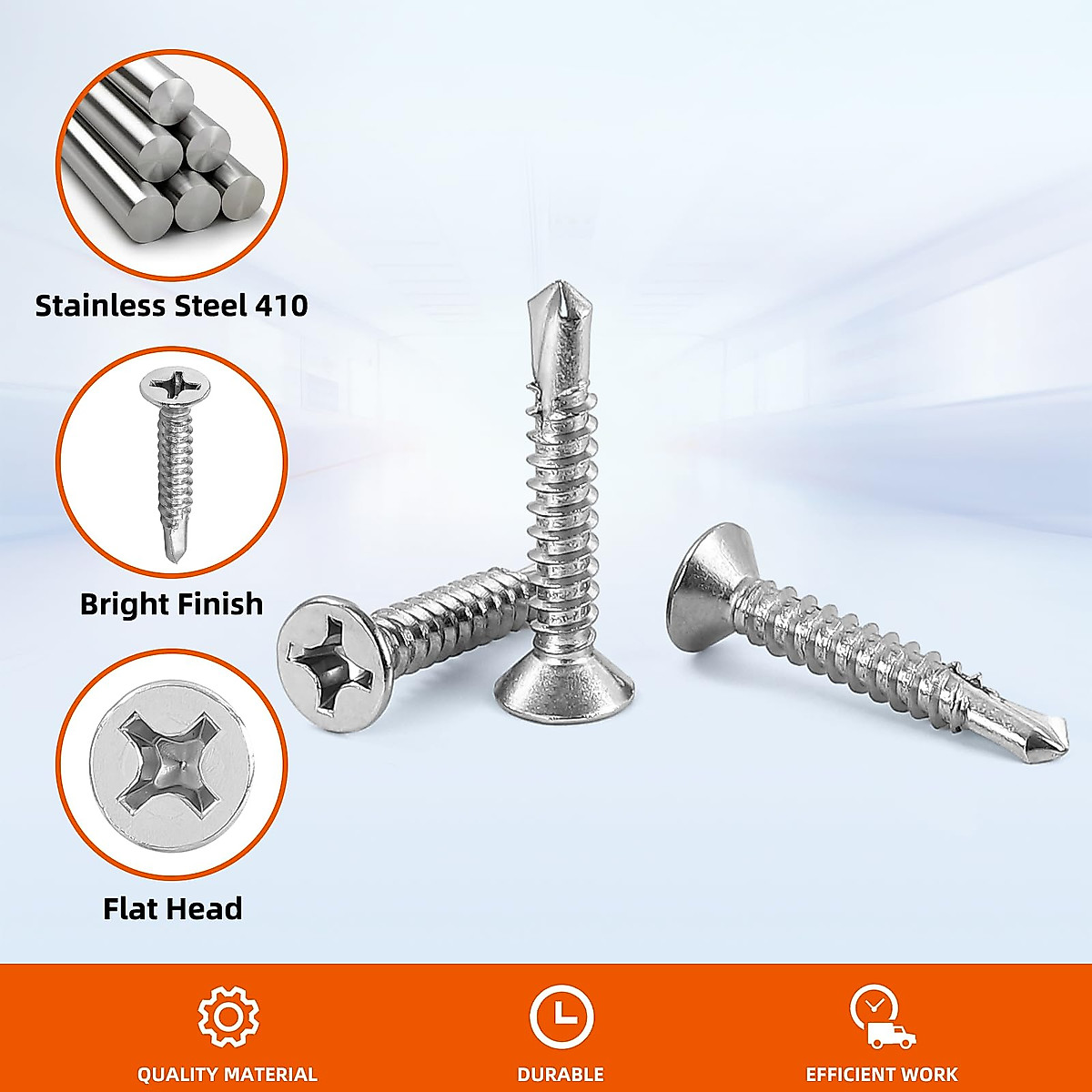 #6 x 1/2" Flat Head Self Drilling Screws Sheet Metal Screws, 410 Stainless Steel, 100 PCS