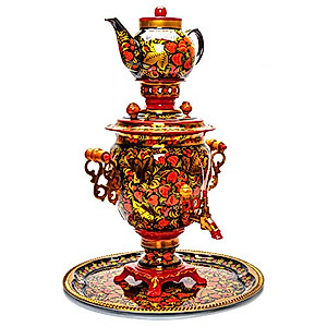 Red Khokhloma Electric Samovar Kettle with Teapot and Tray