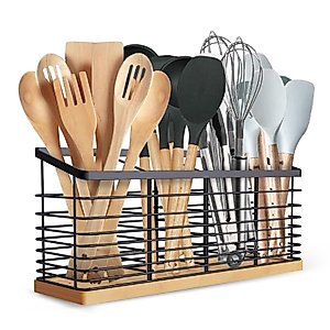 Suli Extra Large Kitchen Utensil Holder with 4 Compartments，Matte Black Metal holder with Wooden Base for Kitchen Countertop，Farmhouse Cooking Utensil Storage, Rustic Cooking Utensil