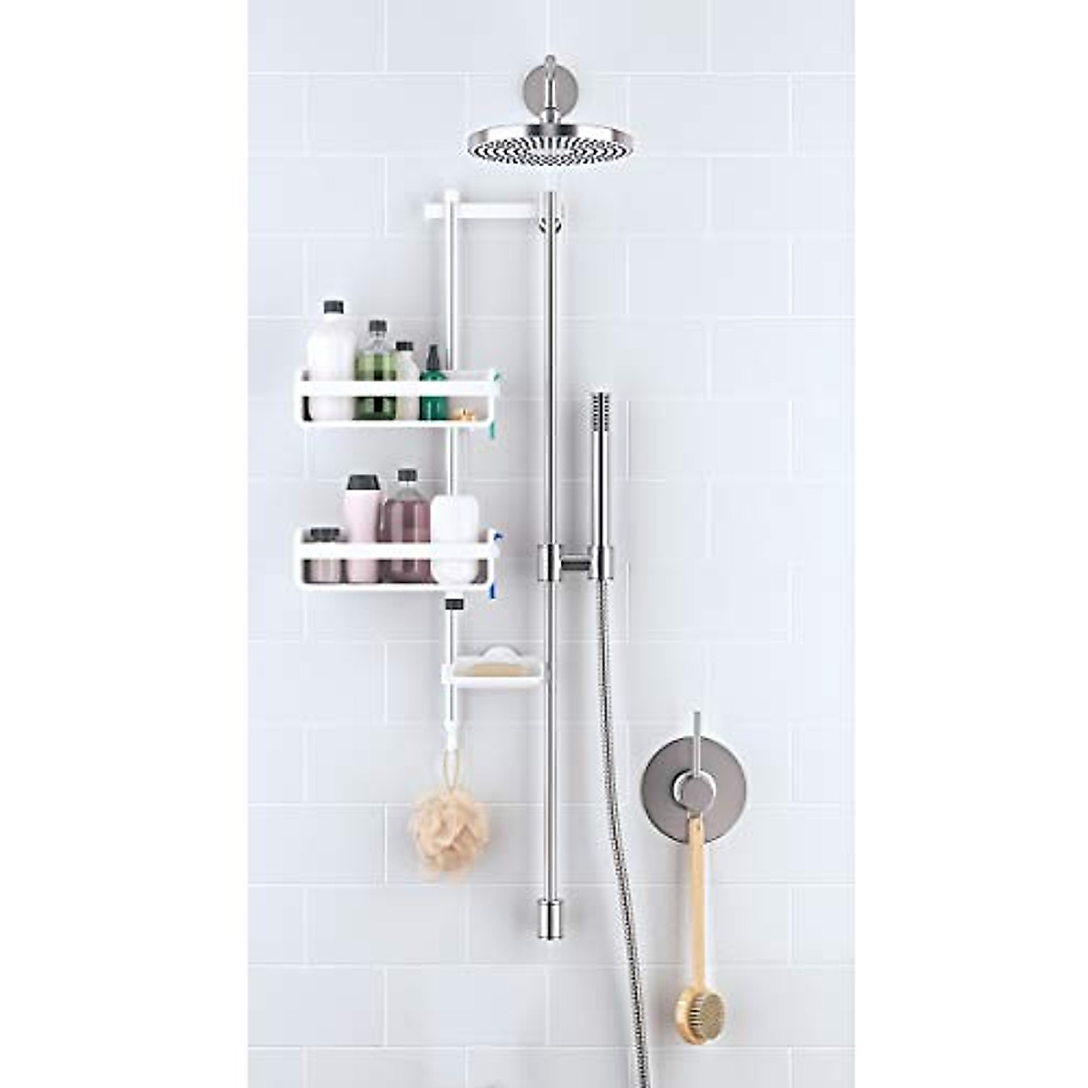 Umbra Flipside Flex Pole Shower Caddy, Adjustable Shower Caddy with Flex Gel-Lock Technology, Works on Rail and Hand-Held Showers, White/Nickel Finish