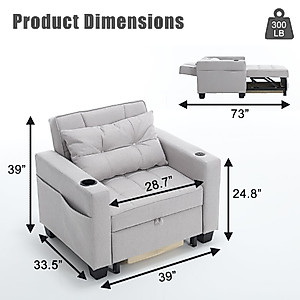 Haplized Chair Sleeper Sofa Bed, 3-in-1 Convertible Futon Lounge Bed Couch with Storage Chaise, Pull Out Sleeper Sofa Bed with Adjustable Back for Living Room, Bedroom (Light Grey)