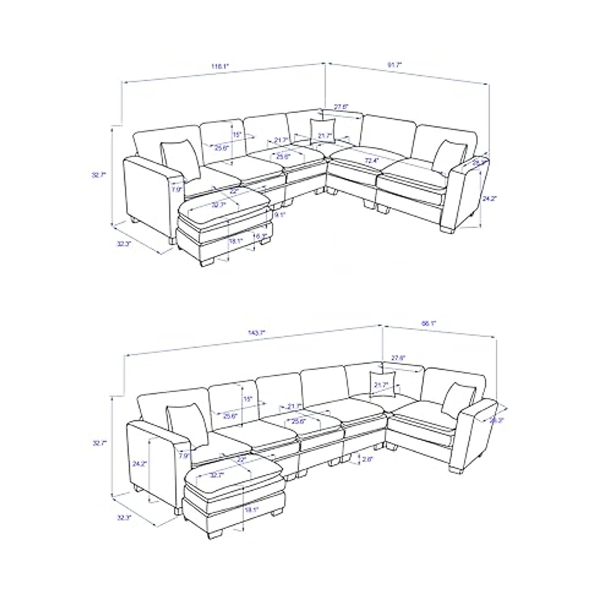 Extra Wide Seat Oversized Convertible Modular Sectional Sofa, Free Combination Reversible Sleeper Couch with Movable Ottoman, 7 Seater Corner Sofa&Couches for Living Room, Office, Spacious Space