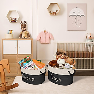 Toy Rope Storage Basket - 15 x 11 x 9 Toy Bin - Embroidered Storage Bins - Black and White Basket - Tote Bin for Nursery, Playroom, Living Room, Classroom