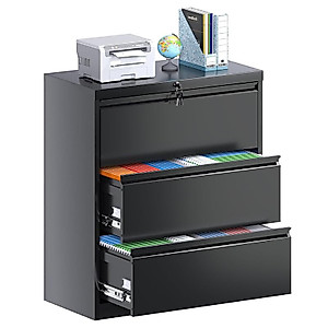 AOBABO 3 Drawer Lateral Steel File Organizing Cabinet with Locking System and Adjustbale Hanging Bars for Letter/Legal Size Paper, Black