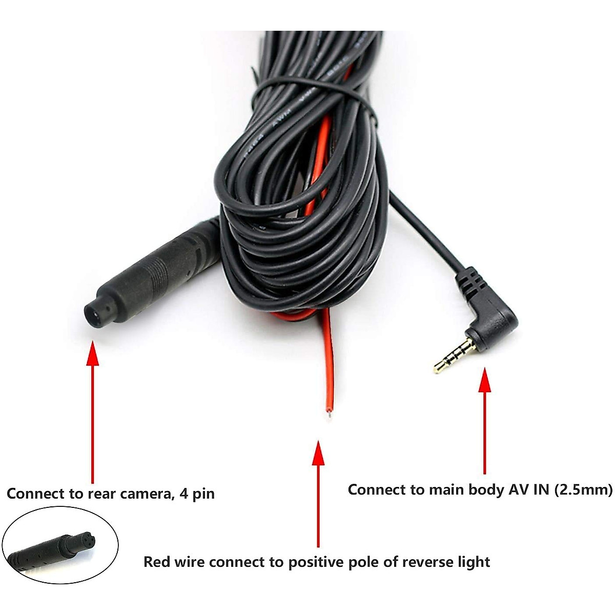 WOLFBOX 50Feet Rear Camera Extension Cord Cable for G840S / G930 / G910 / G840H / G850 / G900 / T10 Plus Mirror Dash Cam (4 pin, 2.5mm)