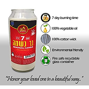 Ner Mitzvah 7 Day Yahrzeit Candle - 1 Pack Kosher White Yahrzeit Memorial Candles - Yom Kippur and Holiday Candle in Glass Jar - 100% Vegetable Oil Wax Prayer Candle