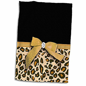 3D Rose Gold Leopard Spots with Glamorous Faux Ribbon Bow-Girly Glam Graphic-Brown Black Tan Beige Hand/Sports Towel, 15 x 22, Multicolor