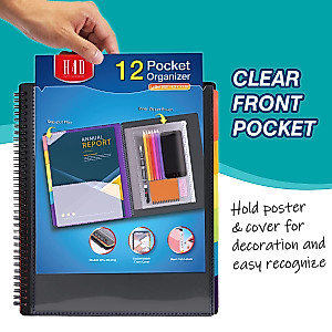 H4D 12 Pocket Poly Project Organizer, Spiral Multi Pocket Folder Organizer with Pockets, Multi-Subject Folder Notebook, Letter Size