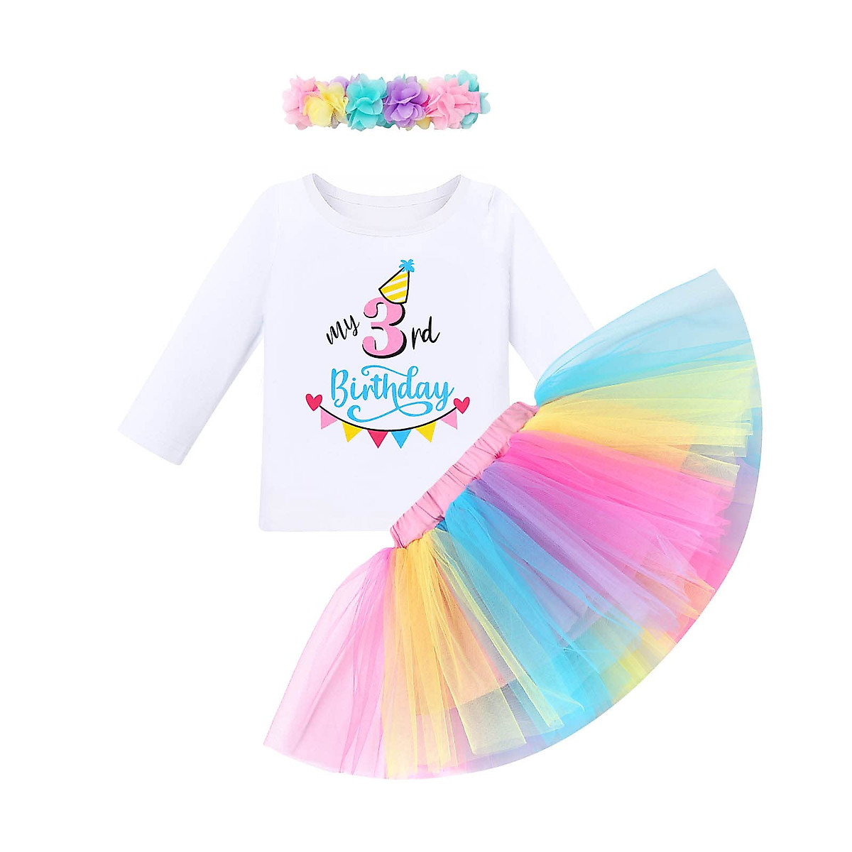 3rd Birthday Girl Outfit Baby Girls Long Sleeve Romper Shirt + Rainbow Tutu Skirt + Headband Winter Fall Dress Clothes Set for 3 Year Old Girl Cake Smash Rainbow - 3rd Birthday (Long Sleeve) 3 Years