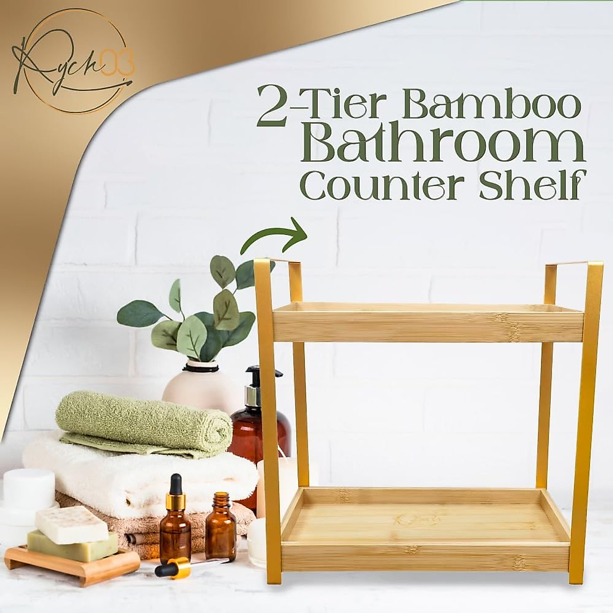 RYCH03 2-Tier Bamboo Bathroom Counter Shelf - Counter Top Wooden Makeup Organizer with Metal Standing Rack - Multi-Purpose Vanity Storage Stand for Cosmetic, Toiletries and Kitchen, Easy to Assemble