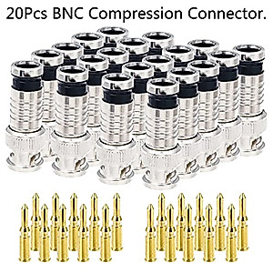 20PCS BNC Compression Connector 75 Ohm Coupler with Copper Pin for RG58-59 Crimper Video Plug Extension Coaxial Siamese Cable Crimper Adapter Male CCTV Home Security Camera Antena System