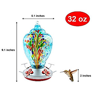 WOSIBO Hummingbird Feeder for Outdoors Patio Large 32 Ounces Colorful Hand Blown Glass Hummingbird Feeder with Ant Moat Hanging Hook, Rope, Brush and Service Card (Blue-Firework)