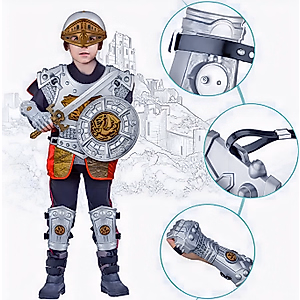 Medieval Knight in Shining Armor, Kids Crusader Pretend Role Play Plastic Costume Dress Up Cosplay with Toy Swords, Axe, Shield, Weapons & Accessories Playset