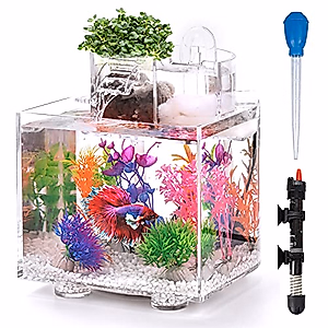 Betta Fish Tank, 1.6 Gallon Aquarium, Upgrade Hydroponics Growing System, Beta Fish Tank Self Cleaning with Heater and Filter, Aquaponic Fish Bowls Decorations and Accessories for Water Plant Garden