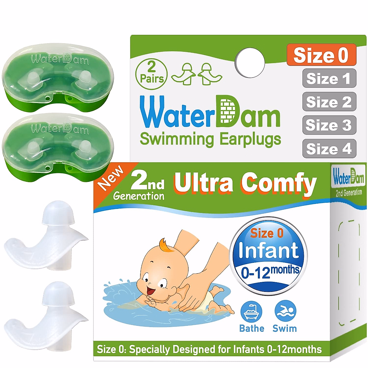 WaterDam Swimming Ear Plugs Great Waterproof Ultra Comfy Earplugs Prevent Swimmer's Ear (Size 0+0: Infants 0-12months (Clear Clear))