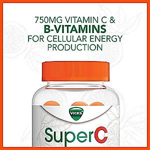 Vicks Super C Vitamin C Gummies, Energize + Replenish, Daytime Supplement for Immune Support with Vitamin C, B Vitamins, Green Tea Extract, Ginseng, and Goji Berries, Citrus Flavored, 36 Gummies