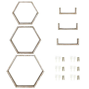 RR ROUND RICH DESIGN Wall Shelf Set of 6 - Rustic Wood 3 Hexagon Boxes and 3 Small Shelves Carbonized