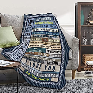 Personalized to My Son Blanket from Mom Dad 60x80 Inches Lightweight Flannel Throws Custom Name Gift for Boy Men Super Soft Comfy Blankets Birthday Christmas Decor Couch Sofa
