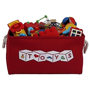 Toy Storage Basket Bin for Organizing Baby, Kids, Dog Toys, Children Books. Red Canvas Box Organizer w/Attractive White Patch for Playroom, Nursery