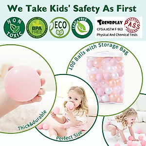 TRENDPLAY Pit Ball for Baby Toddlers Pet Fun Toys for Ball Pit Pool Playpen, Indoor Outdoor Play with Storage Bag, Pack of 100, Pink+Gold+White+Transparent