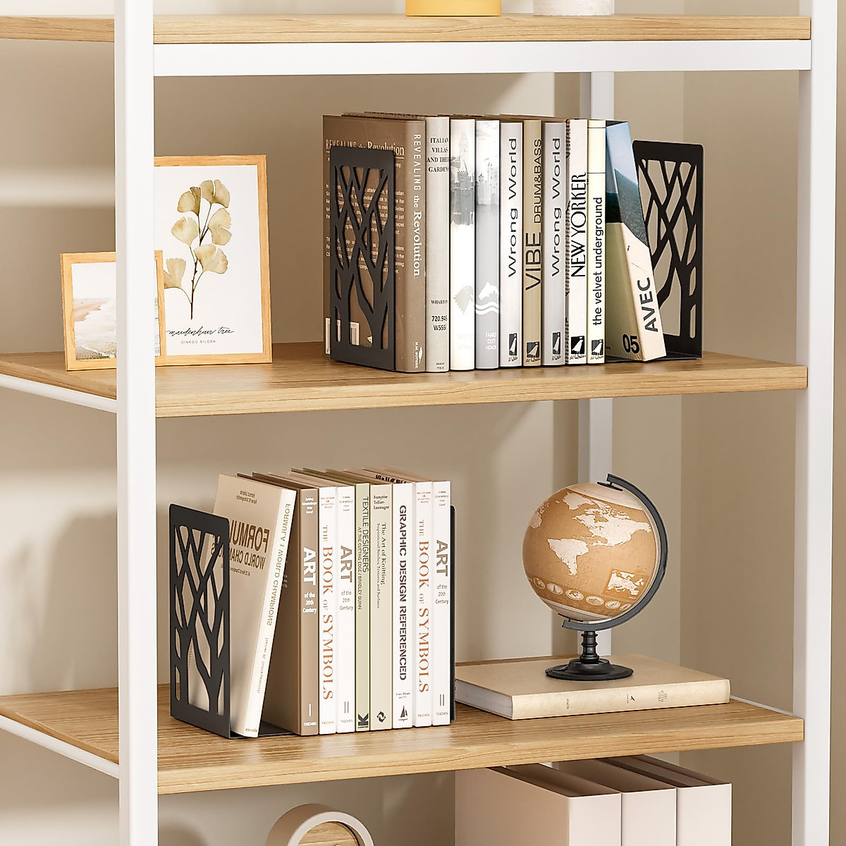 MaxGear Book Ends Tree Design Modern Bookends for Shelves, Non-Skid Bookend, Heavy Duty Metal Book Stopper for Books/CDs, Decorative Book Shelf for Home, 7 x 4.7 x 3.5”, Black (2 Pair/4 Pieces, Large)