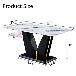 Pvillez 63 inch Marble Dining Table, Modern Dining Table for 4 6 People, Kitchen Table with Rectangular White Faux Marble Top & V Shape Pedestal Base Dinner Table for Dining Room Kitchen Living Room