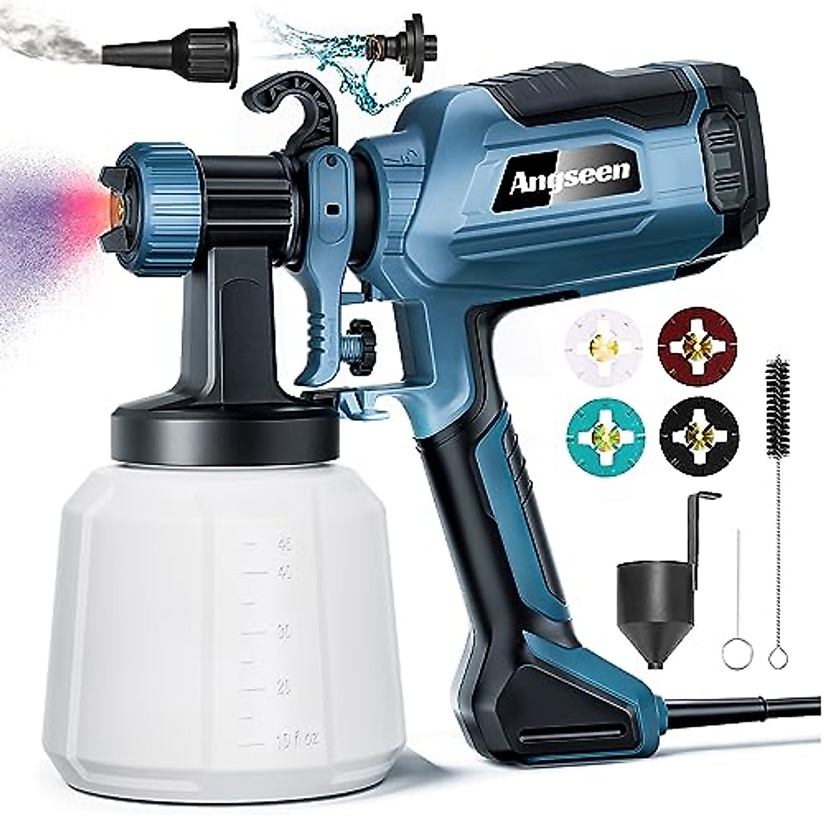 Paint Sprayer, Angseen HVLP Electric Spray Paint Gun with 4 Copper Nozzles & 3 Spray Patterns, Not Easy to Clog, Spray evenly. Paint Sprayers for Home Interior and Exterior, Furniture, Fence, Walls