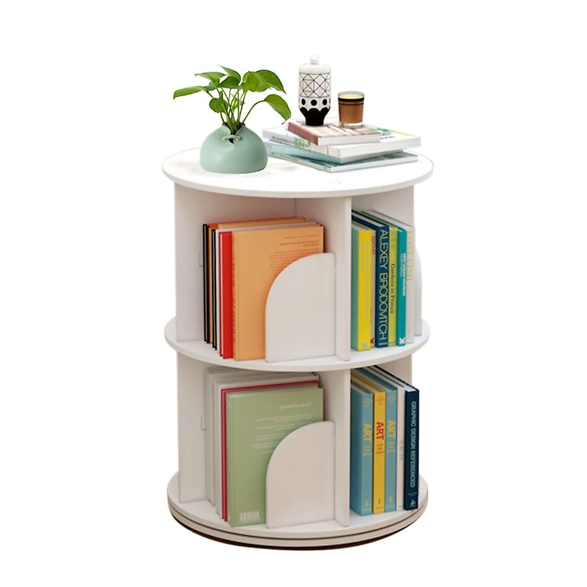 Cbhfmljd 2 Layers 360° Rotating Bookshelf, Round Bookcase Nordic Style 2 Tier Revolving Bookcase Freestanding Storage Shelf Stackable Shelves Bookshelf Organizer Round Bookshelf Living Room Bedroom