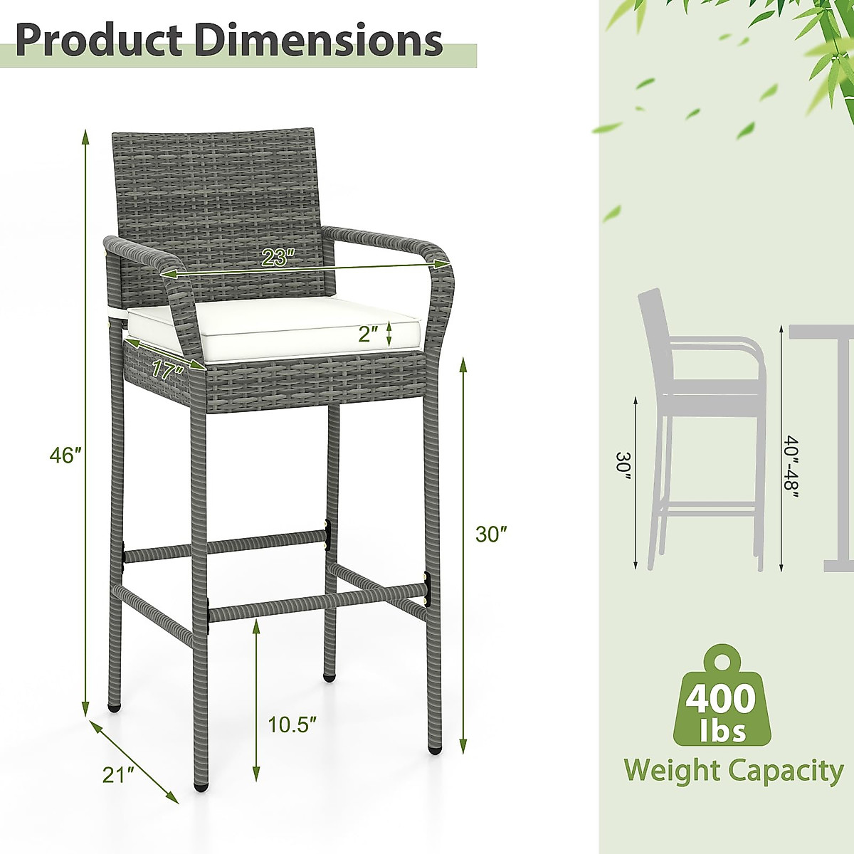 Tangkula Patio Wicker Barstools Set of 4, Outdoor PE Rattan Bar Chairs with Armrests & Soft Cushions, Stable Metal Frame, 400 lbs Max Load, Mix Brown PE Wicker Bar Chairs for Porch (2, Mix Gray)