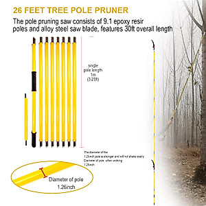 30 Feet Tree Pole Pruner, Durable Tree Trimmers Handle, Manual Branches Trimmer for Garden Tools Loppers Hand Pole Saws Extendable Height with Knives and Storage Pocket