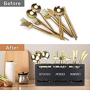 Ayiaren Wooden Silverware Caddies Flatware Cutlery Holder Wood Silverware Organizer Storage Containers Black Kitchen Utensils Holder for Countertop Spoon and Fork Holder Flatware Utensil Caddy