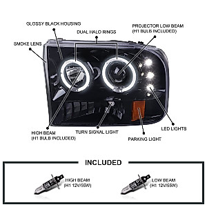 SPEC-D TUNING Halo Rim LED Glossy Black Housing Smoke Lens Projector Headlights Compatible with 1999-2004 Ford F-250/F-350/F-450/F-550 Super Duty, Left + Right Pair Headlamps Assembly