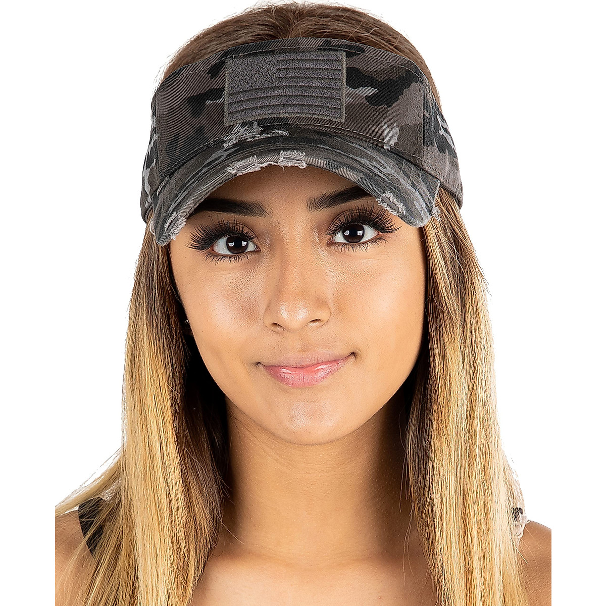 Vintage Distressed Visor Hat: American Flag - Black Camo