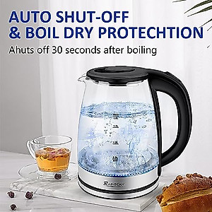 RAINBEAN Electric Kettle Water Boiler, 1.8L Electric Tea Kettle, Wide Opening Hot Water Boiler with LED Light, Auto Shut-Off & Boil Dry Protection, Glass Black