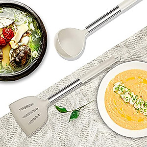 Large Silicone Cooking Utensils Set - Heat Resistant Kitchen Utensils,Turner Tongs,Spatula,Spoon,Brush,Whisk,Stainless Steel Silicone Cooking Tool for Nonstick Cookware,Dishwasher Safe (Khaki)