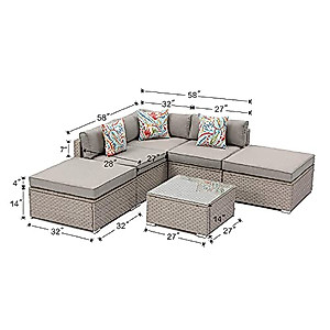 COSIEST 6-Piece Outdoor Furniture Set Warm Gray Wicker Sectional Sofa w Thick Cushions, Glass Coffee Table, 2 Ottomans, 3 Floral Fantasy Pillows for Garden, Pool, Backyard­