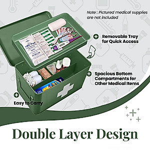 Flexzion First Aid Box Organizer Empty 13" Green Vintage First Aid Kit Tin Metal Medical Box - First Aid Storage Box Container Bins with Dividers, Removable Tray and White Cross Logo