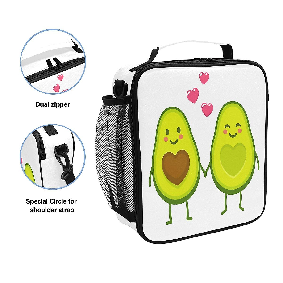ZZXXB Avocado Love Heart Insulated Lunch Bag Box Reusable Thermal Cooler Bag Tote Outdoor Travel Picnic Bag With Shoulder Strap for Children Students Adults