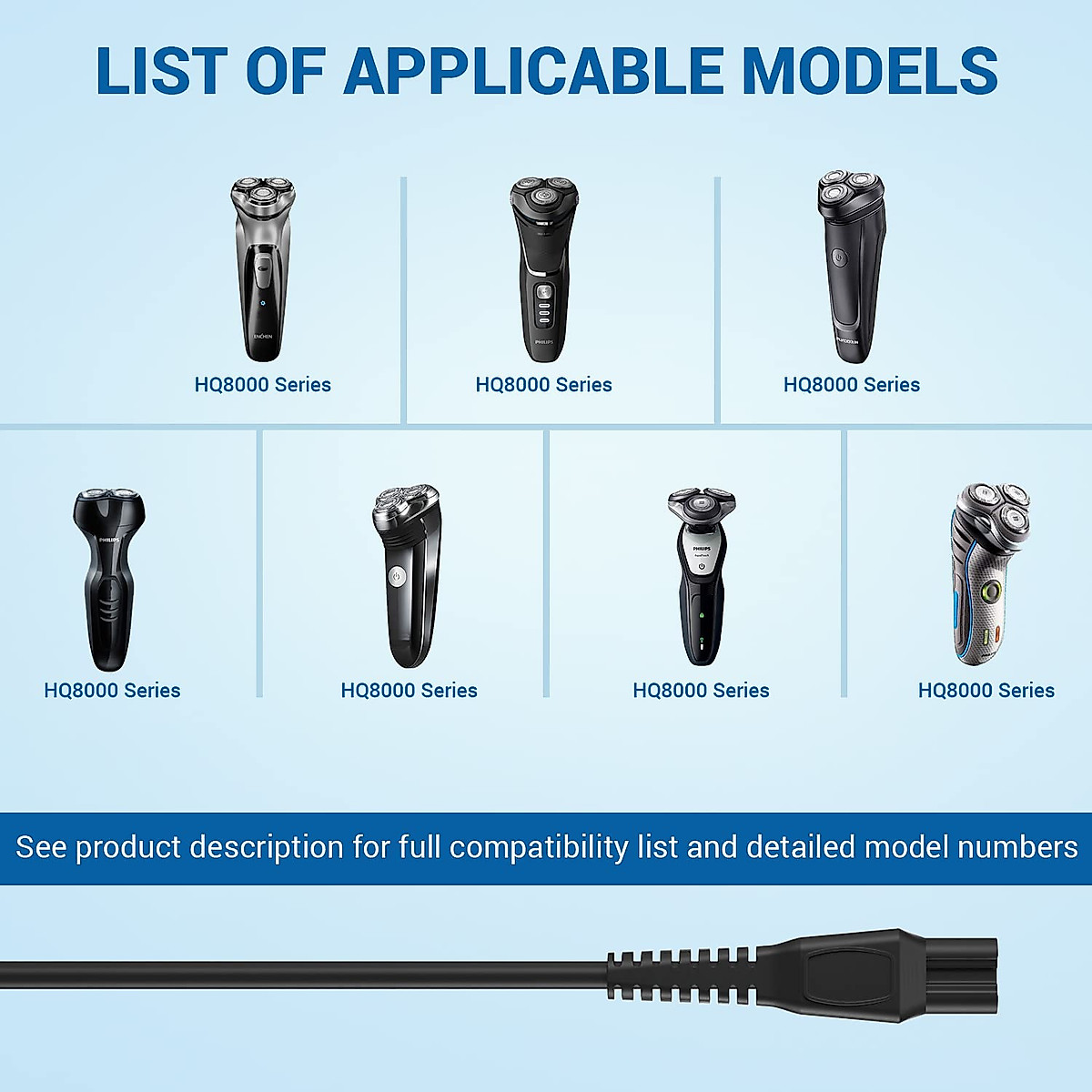 Charger Cord Fit for Philips Norelco HQ8505 7000 5000 3000 9000 Series Electric Shaver Razor,Aquatec, Arcitec, Multigroom Beard Trimmer 15V AC Adapter Power-Supply Cord (Charger+Brush)
