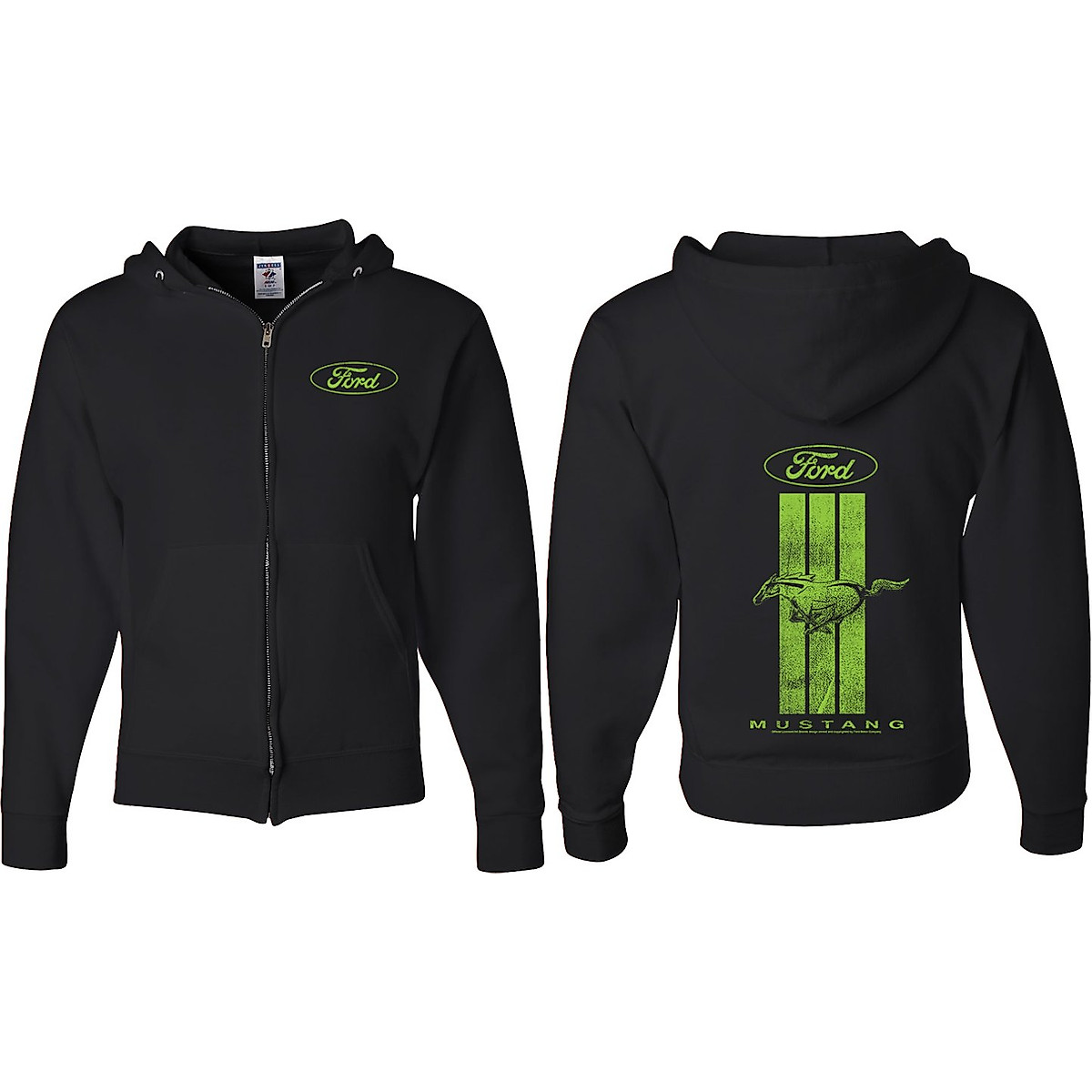 Ford Green Mustang Stripe (Front & Back) Full Zip Hoodie, Black, 3XL